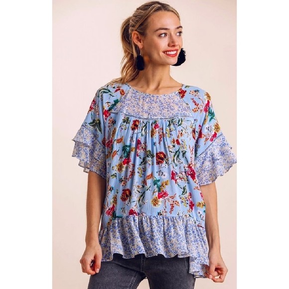 Umgee | Tops | New Umgee Small Pale Blue Mixed Floral Print Top Ruffled ...